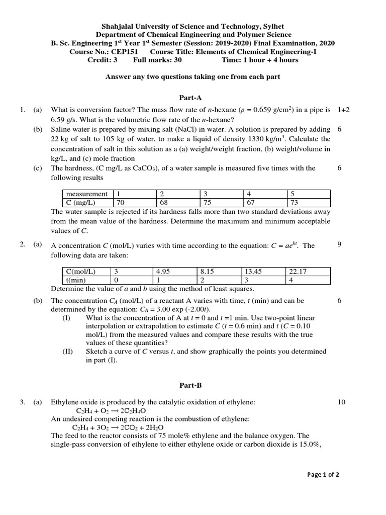 Chemical Engineering Exam Questions 2020 | PDF | Chemical Reactor ...