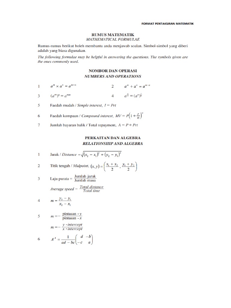 Math Form 4 Formula Sheet | PDF