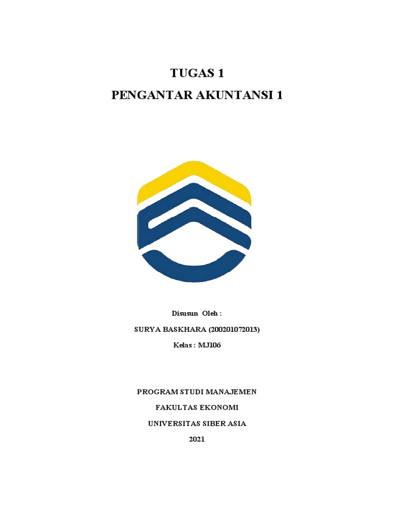 Tugas 1 Pengantar Akuntansi 1 - Surya Baskhara (200201072013) | PDF | Pengelolaan Keuangan & Uang