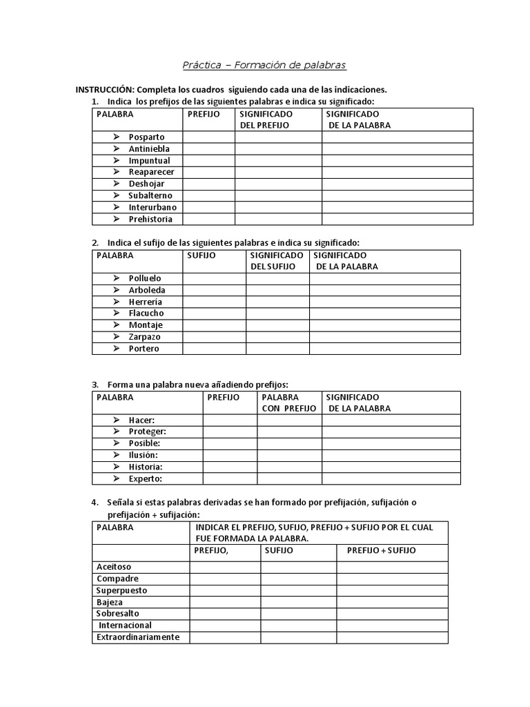 Práctica Formación de Palabras | Descargar gratis PDF | Palabra | Sintaxis