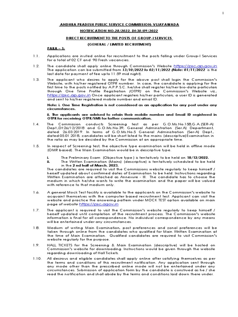 APPSC Group-I Services Recruitment 2022 | PDF | Academic Degree | Test ...