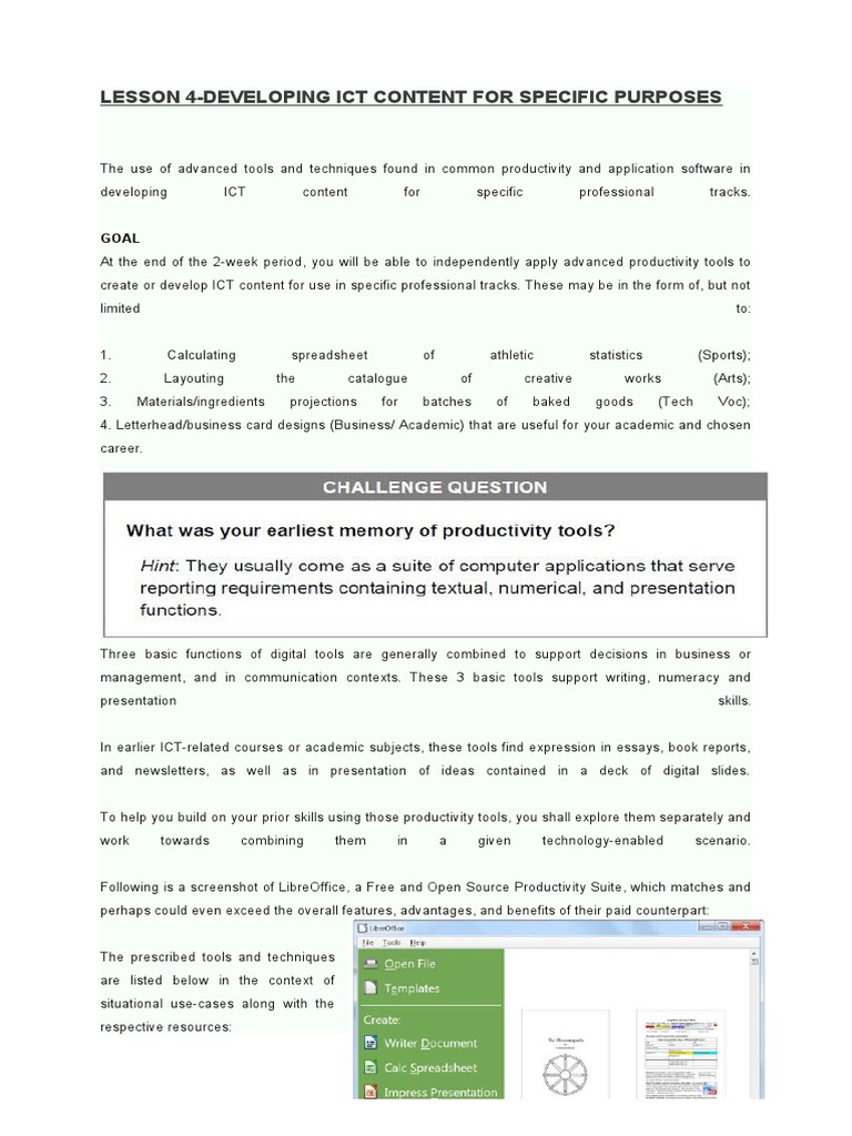 Lesson 4 DEVELOPING ICT CONTENT FOR SPECIFIC PURPOSES | PDF | Hyperlink | Microsoft Excel