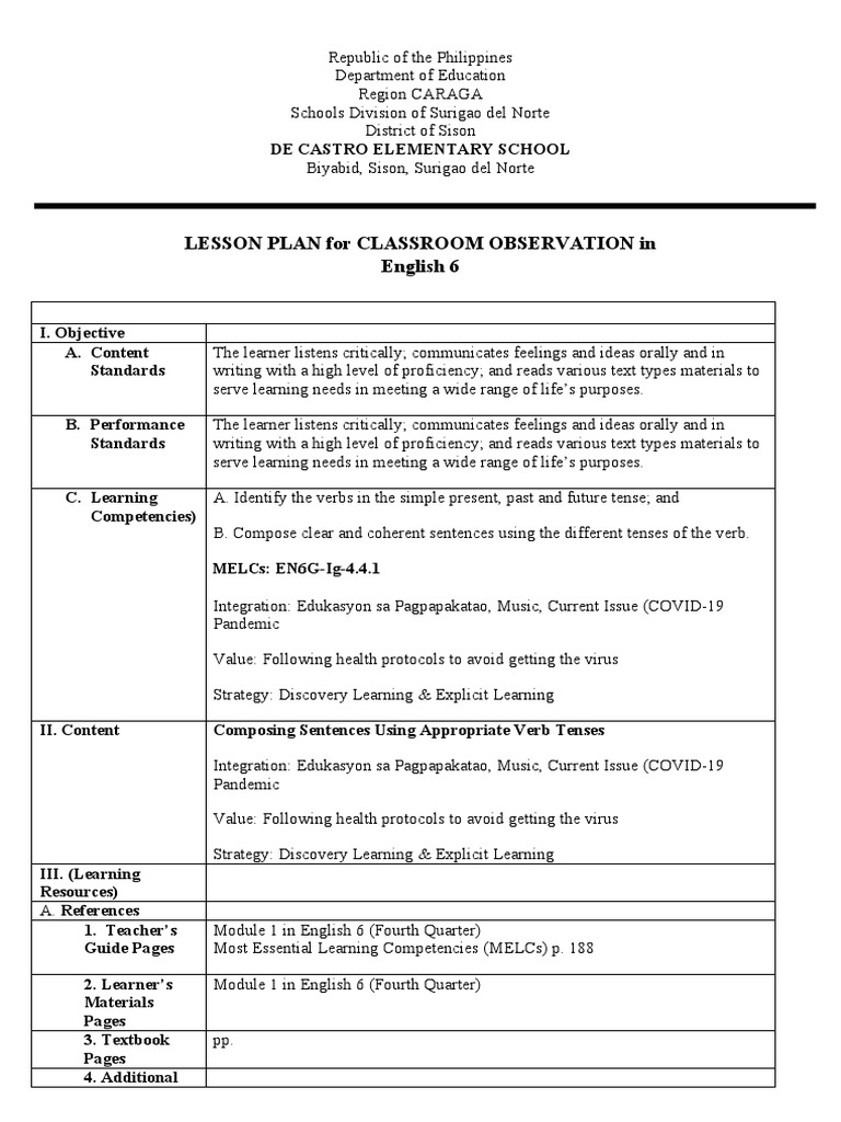 English 6 Lesson Plan: Tenses Focus | PDF | Grammatical Tense | English ...