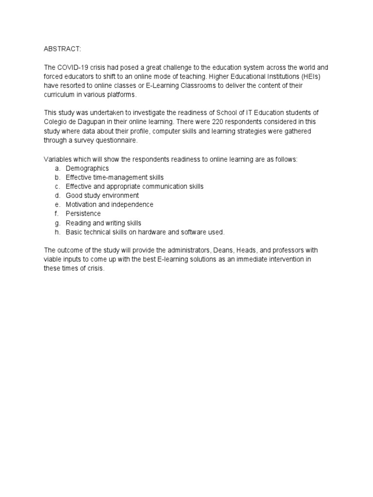 Abstract Readiness of Site Students in Online Learning | PDF | Computers