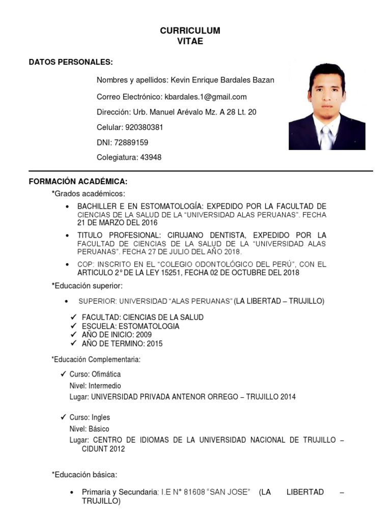 CV de Kevin Bardales, Odontólogo en Perú | PDF | Odontología | Perú