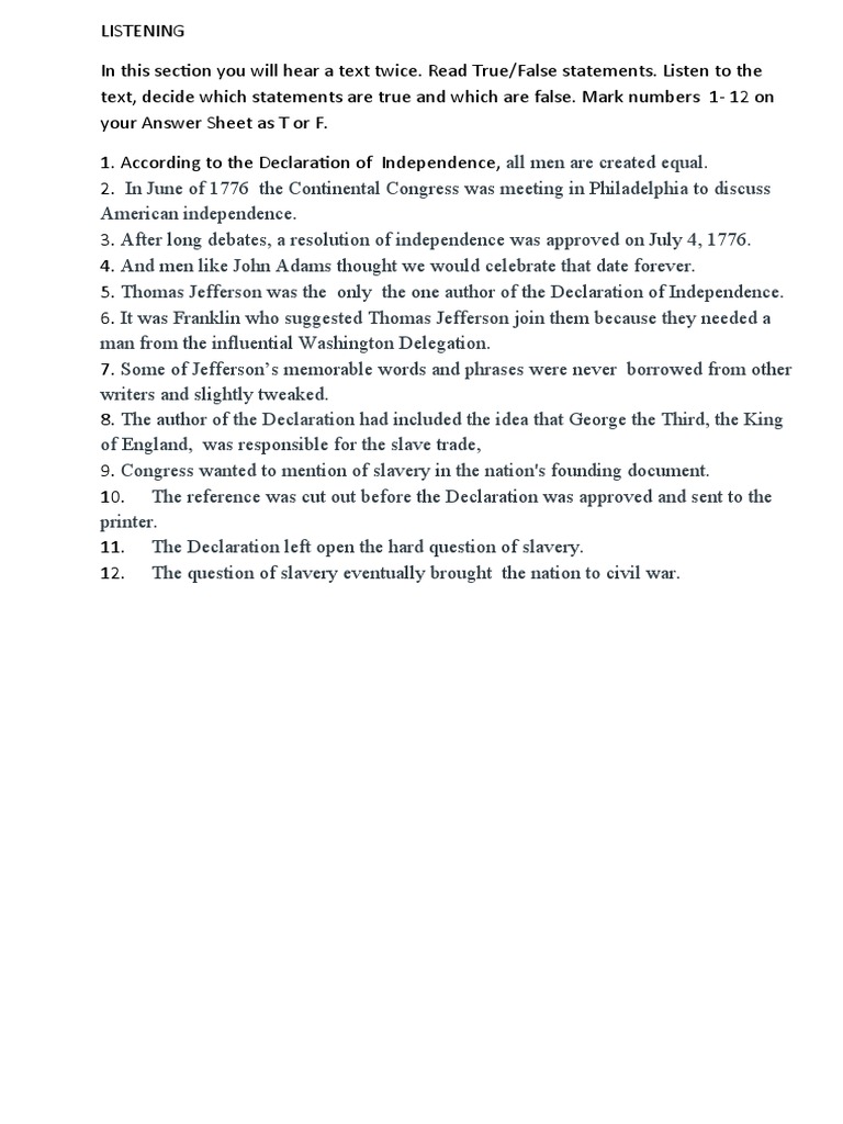 LISTENING Declaration Od Independence | PDF