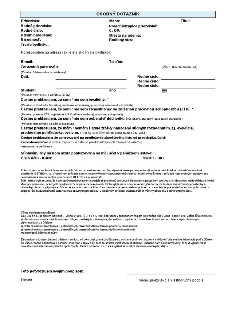 Osobny Dotaznik | PDF