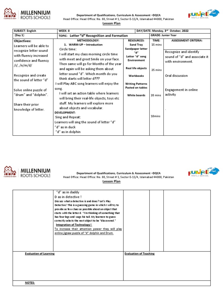 Letter D 8th Week | PDF | Lesson Plan | Learning