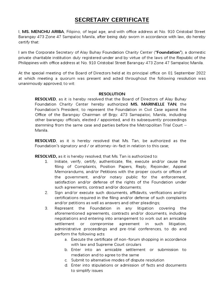 Annex A SECRETARY CERTIFICATE | PDF | Lawsuit | Mediation