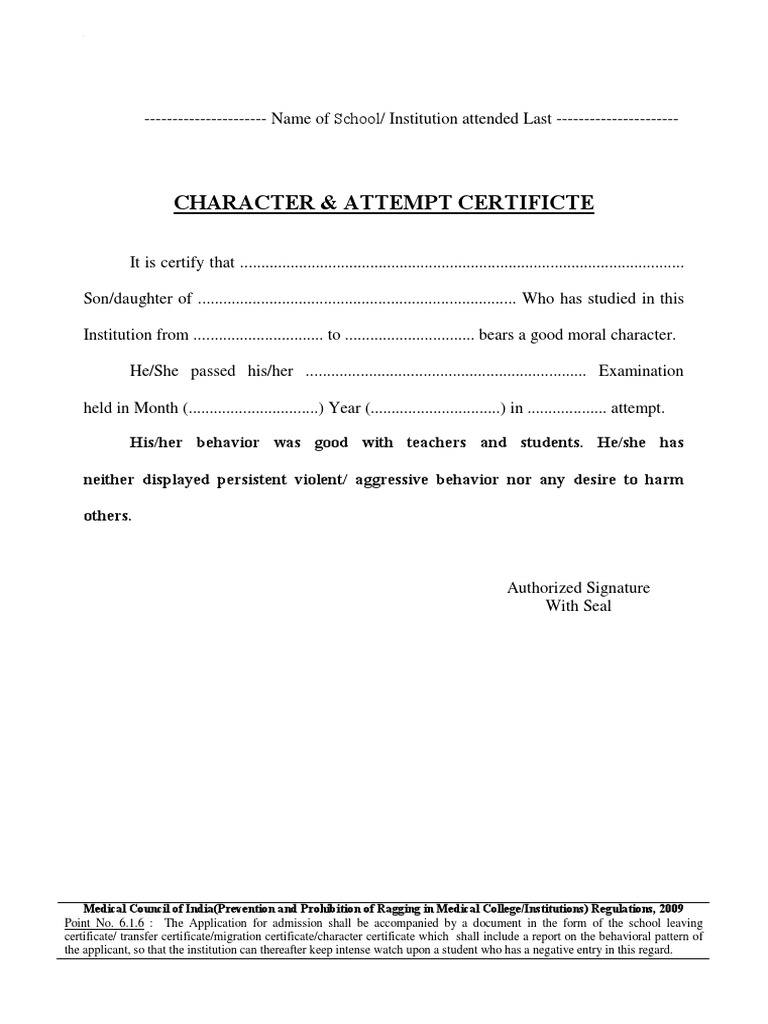 Character & Attempt Certificate of Student | PDF