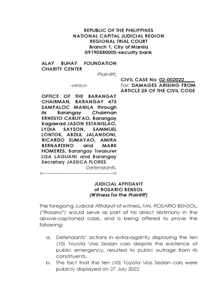 JA of Witness Bensol Plaintiff | PDF | Perjury | Justice