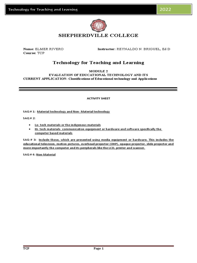 Module 2 ACTIVITY SHEET Technology For Teaching and Learning | PDF