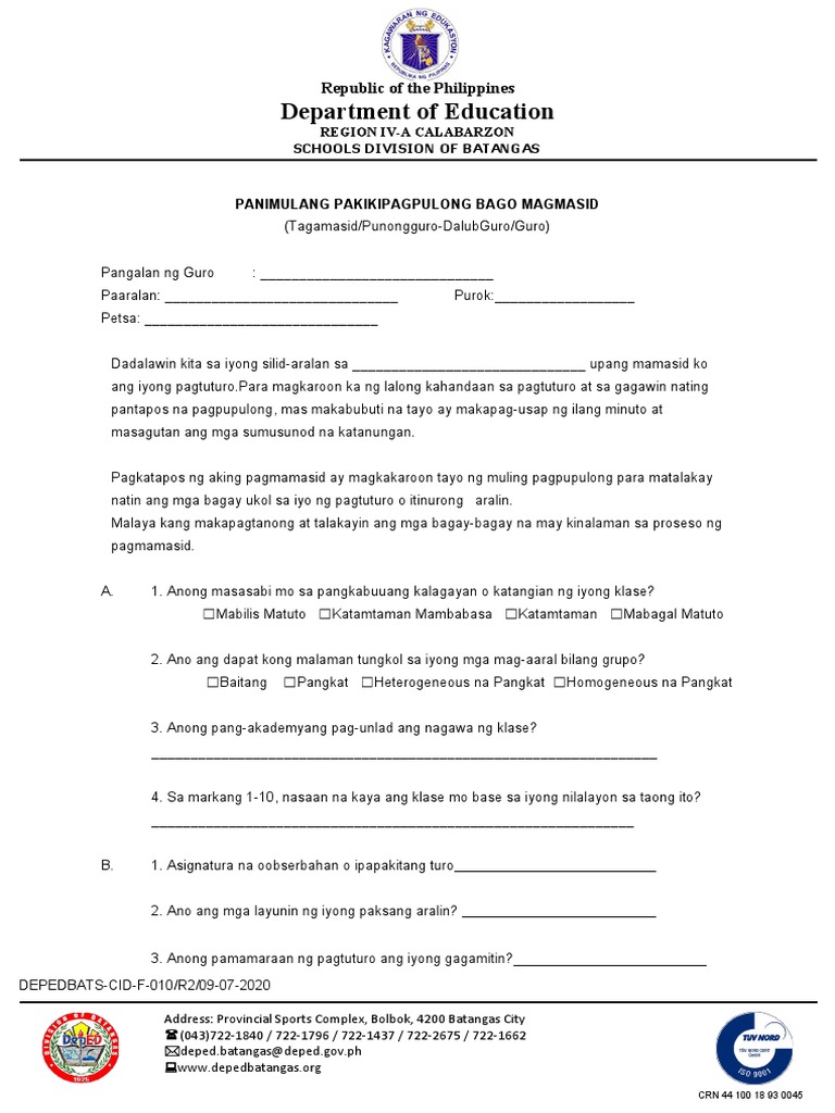 PRE OBSERVATION FORM TAGALOG | PDF