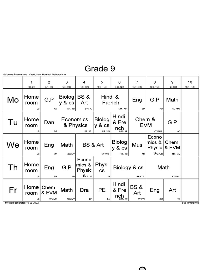 Grade 9 Timetable | PDF