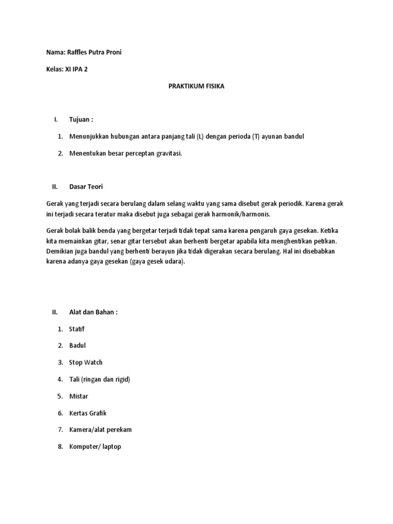 PRAKTIKUM Penentuan Nilai Gravitasi (Raffles Putra Proni XI IPA 2) | PDF | Metode & Bahan Ajar ...