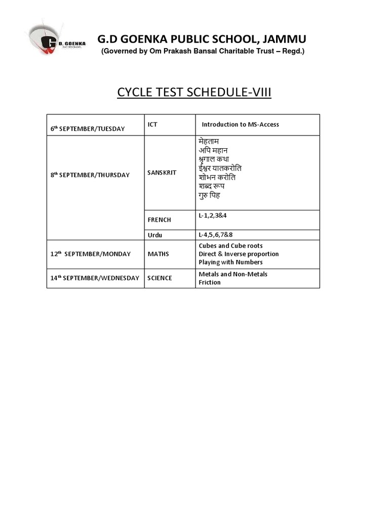 8 Cycle Test Schedule | PDF