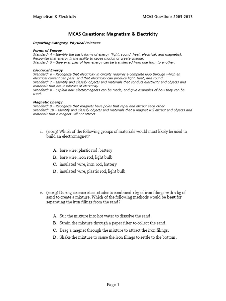 Mcas Magnetism Electricity | PDF | Electricity | Magnet