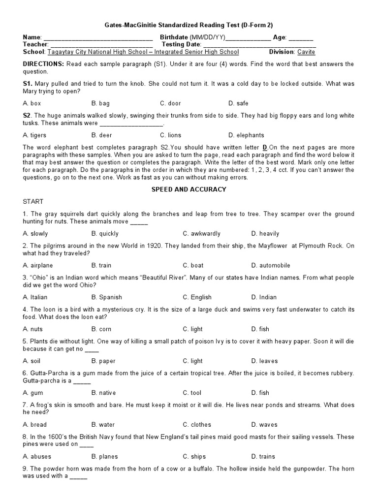 Gates McGinitie Standardized Reading Test D Form 2 | PDF | Toll Road | Mail