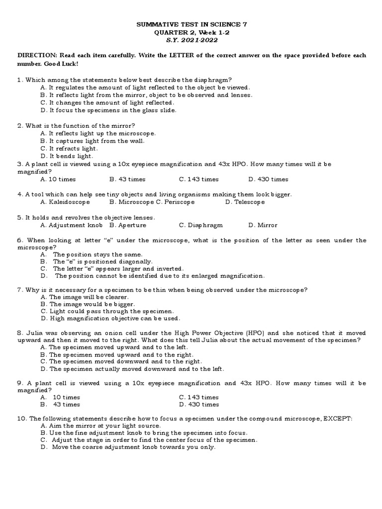 Science 7 - Summative Test - Q2 - Print | PDF | Cell (Biology) | Vacuole