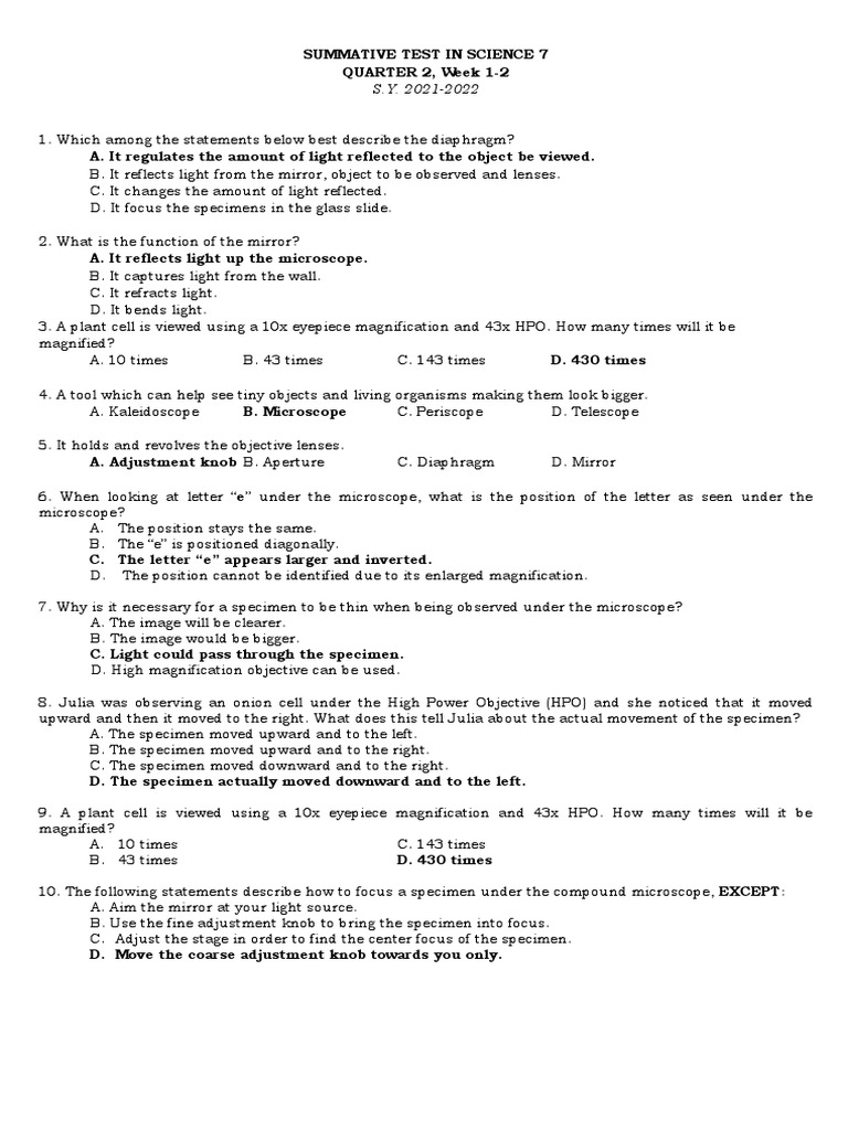 Science 7 - Summative Test - Q2 - Week 1-Week 4 - SY 2021-2022 | PDF ... Science 7 - Summative Test - Q2 - Week 1-Week 4 - SY 2021-2022 | PDF ...