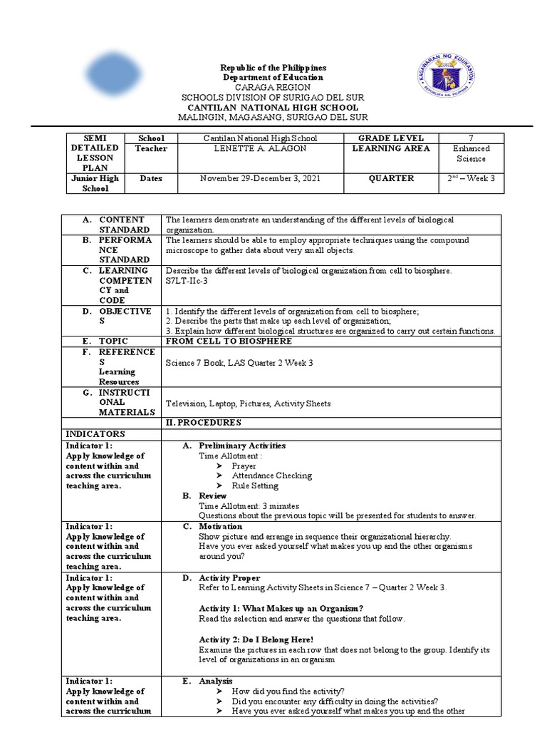 Semi-Detailed Lesson Plan | PDF | Ecology | Learning