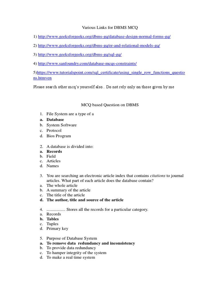 DBMS MCQ Ques | PDF | Databases | Relational Database