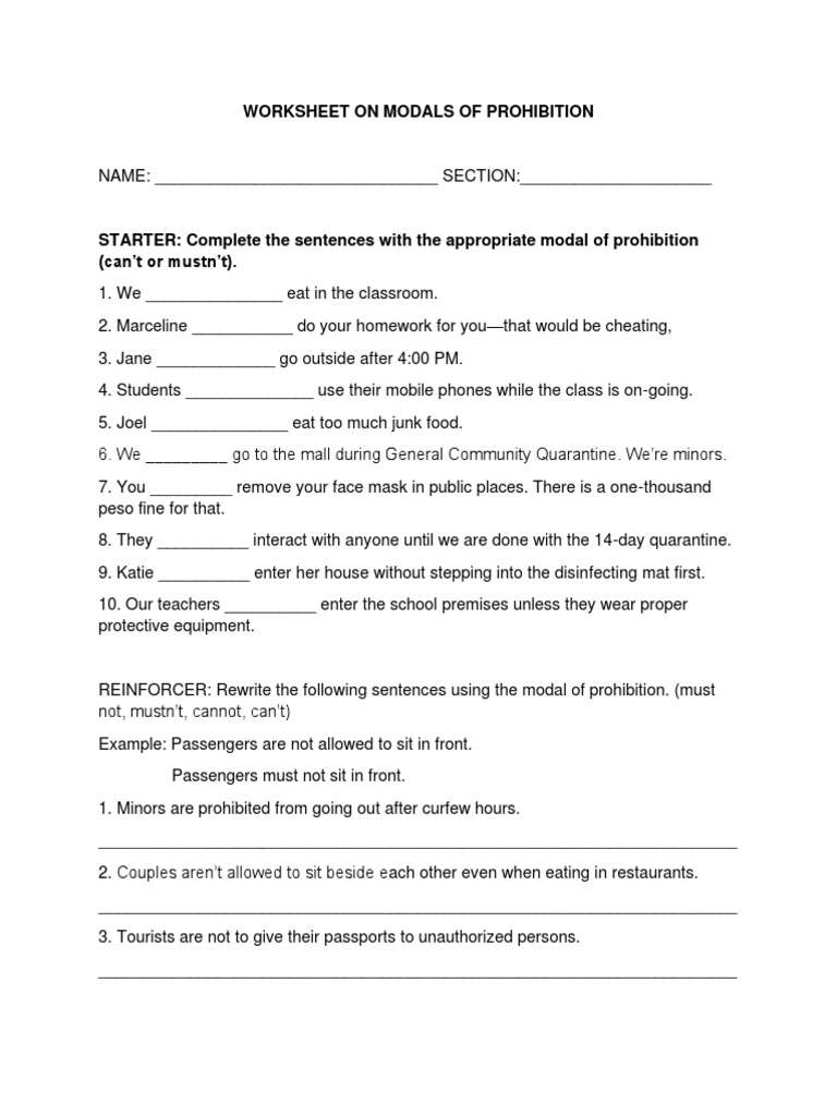 Modals of Prohibition Worksheet | PDF | Emergency Management | Ongoing ...
