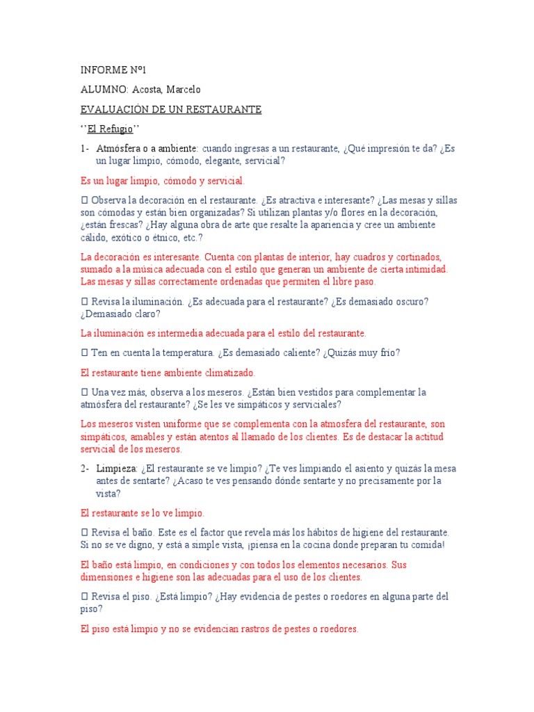 Informe 1 (Servicios Gastronómicos) Original | PDF | Cocina, comidas y ...