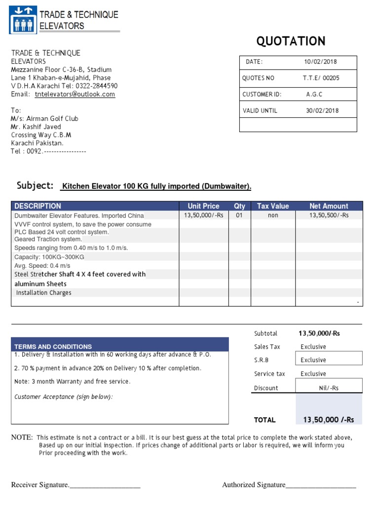 Quotation Airman Golf Club. | PDF | Elevator | Economies