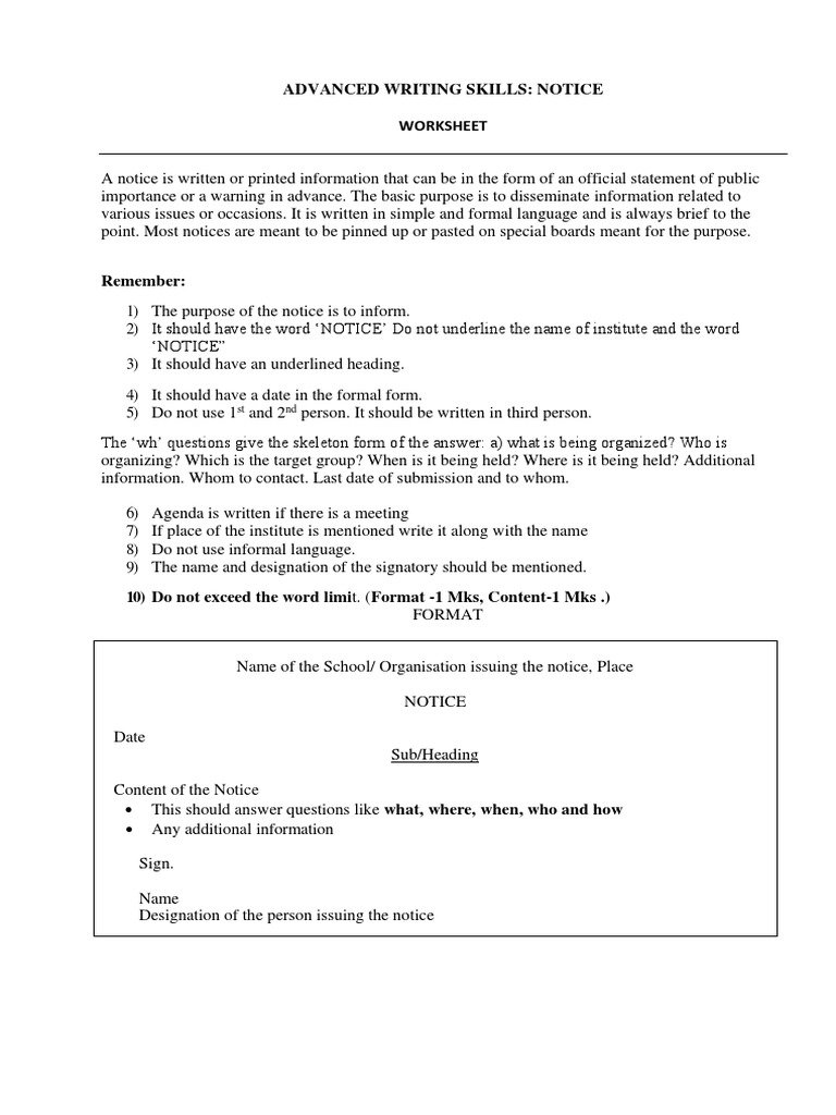 Notice Writing - Grade 12 - Cbse | PDF