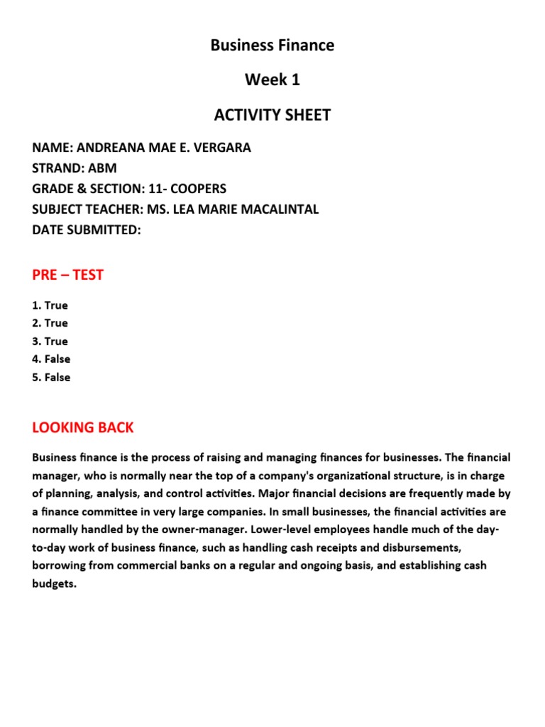 Week 1 - Business Finance (Answer Sheet) | PDF | Banks | Financial Capital