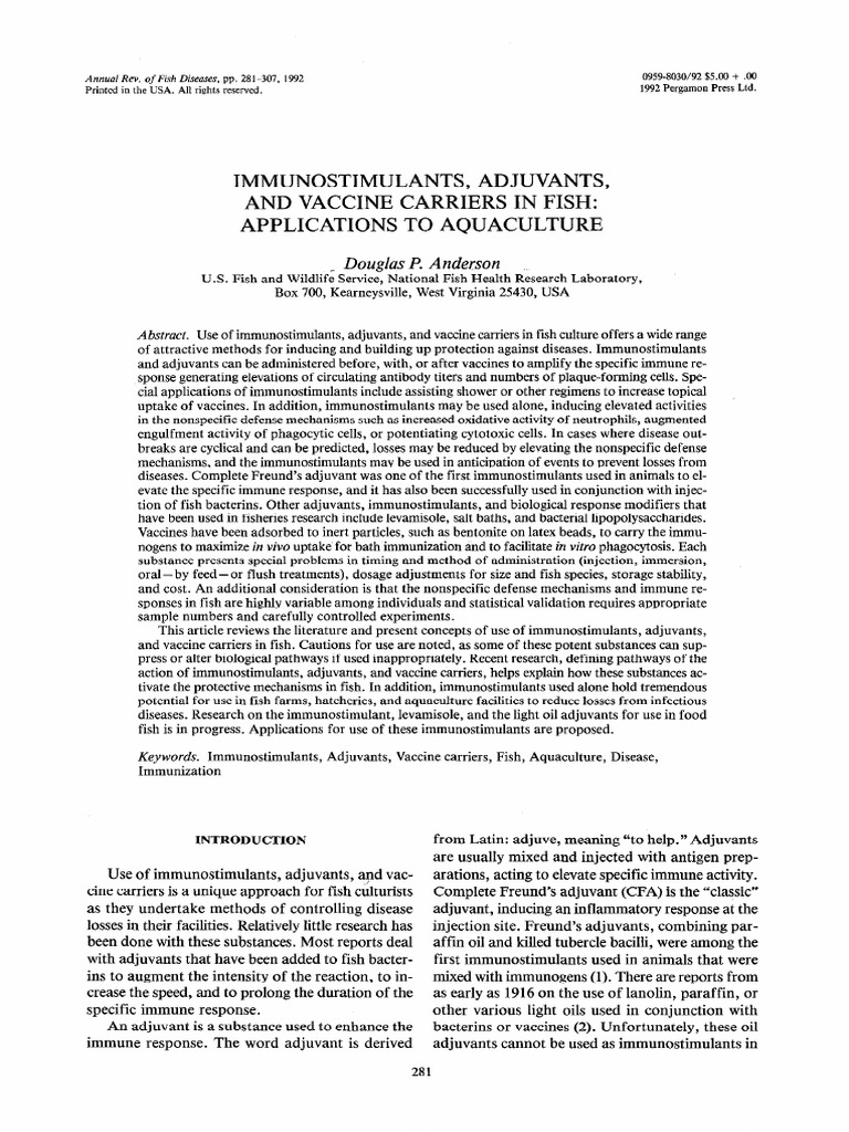 Immunostimulants, Adjuvants, and Vaccine Carriers in Fish: Applications ...
