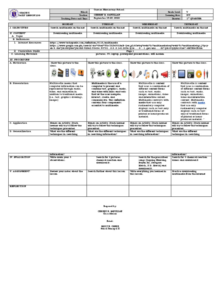 Ict Week 5 Q1 Daily Lesson Log | PDF | Multimedia | Educational Technology