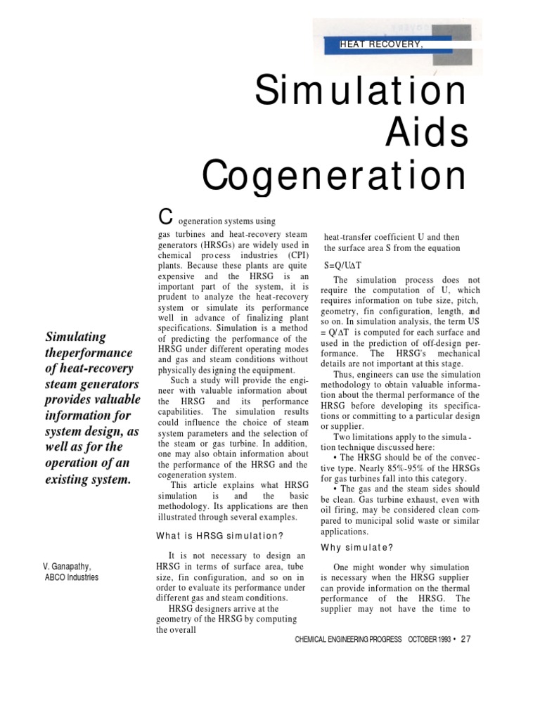 Simulation Aids Cogeneration System Analysis Cep Oct 1993 Pdf Steam