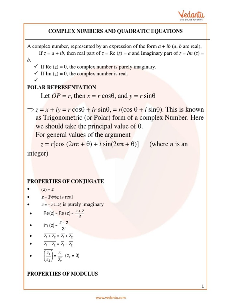 JEE Main 2022 Maths Revision Notes On Complex Numbers and Quadratic ...