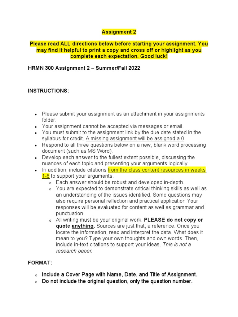 HRMN 300 Assignment 2 Instructions Summer-Fall 2022 | PDF | Performance Appraisal | Employment