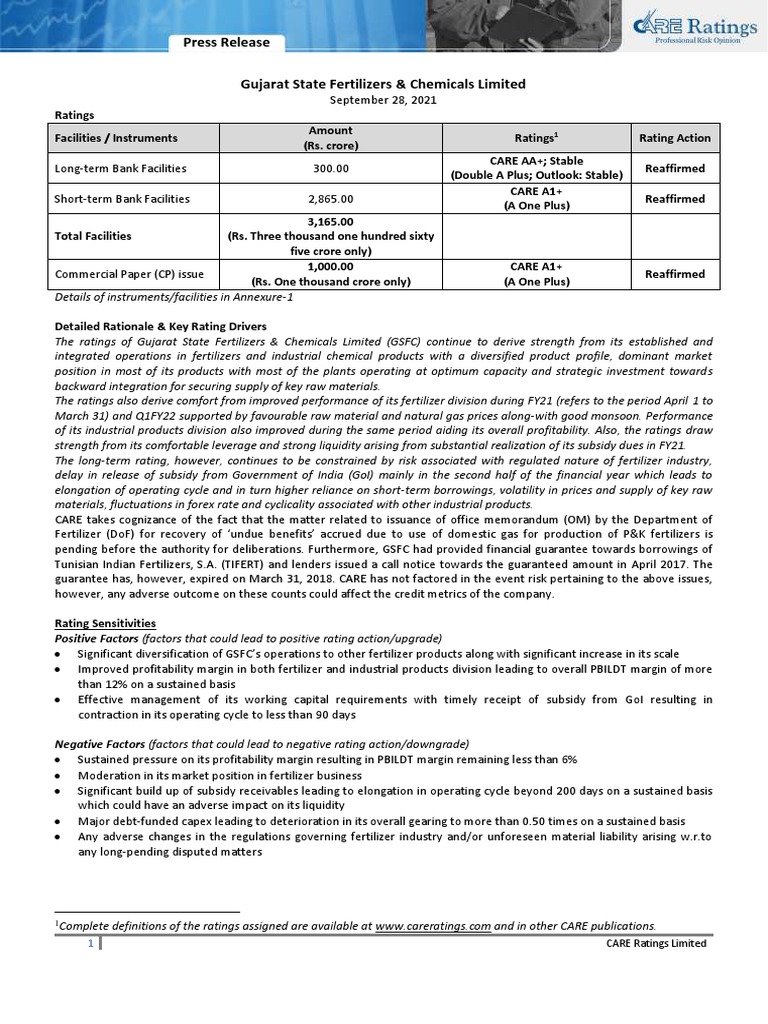 Gujarat State Fertilizers & Chemicals Limited | PDF | Fertilizer | Credit