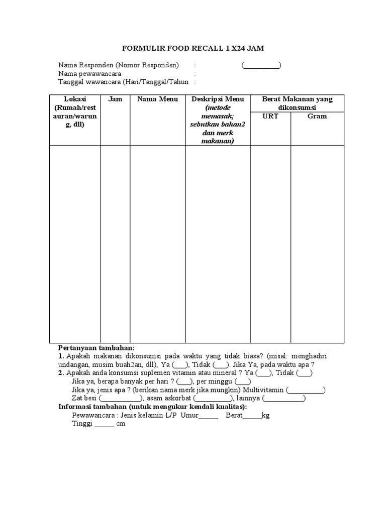 FFQ Dan Food Recall 24 Jam | PDF