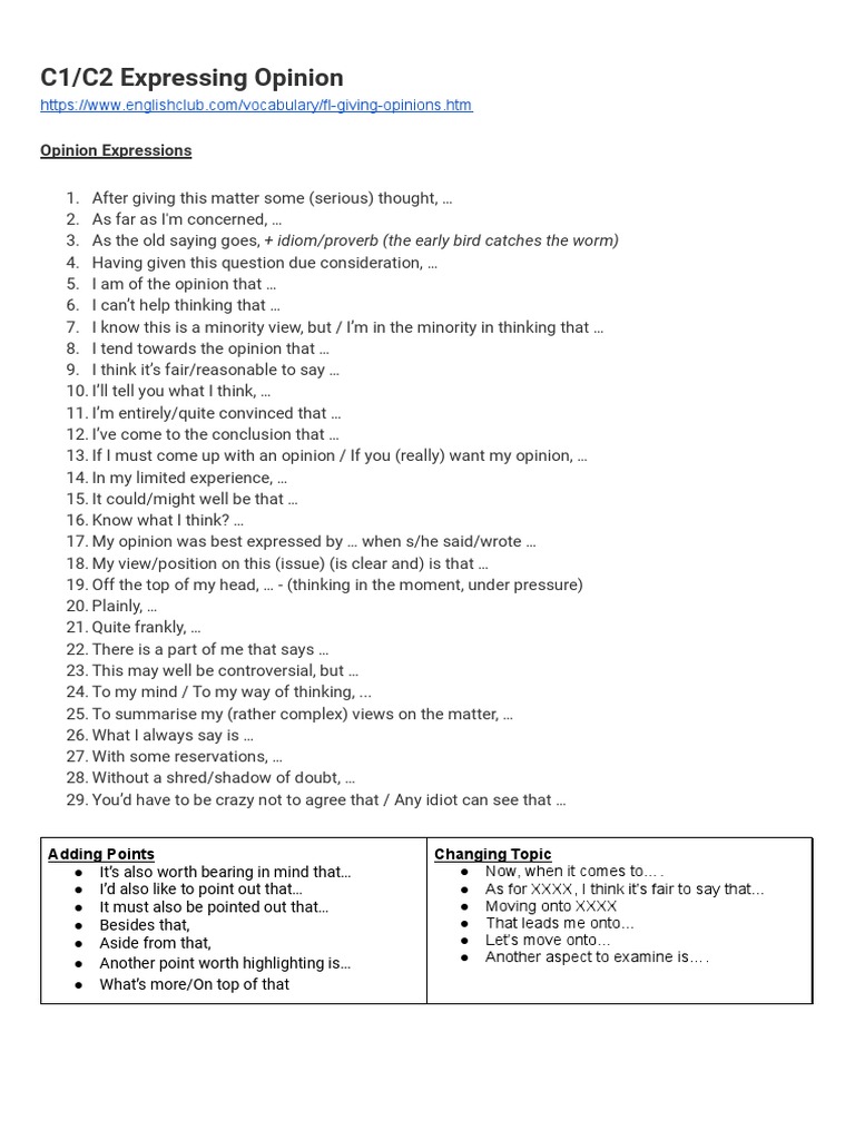C1 - C2 Expressing Opinion | PDF | Language Arts & Discipline | Self ...