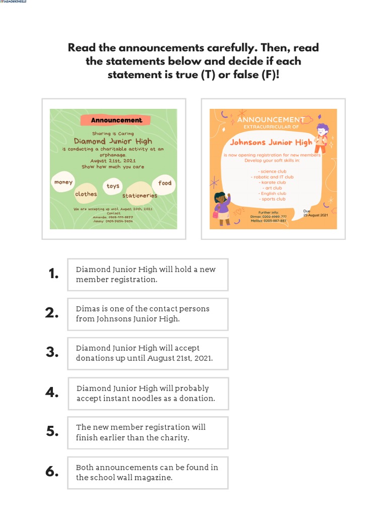 Read The Announcements Carefully. Then, Read The Statements Below and Decide If Each Statement ...