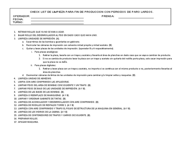 Checklist de Limpieza para Fin de Produccion | PDF