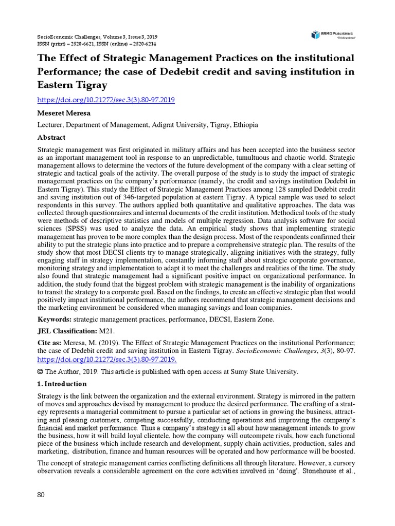 The Effect of Strategic Management Practices On The Institutional Performance The Case of ...