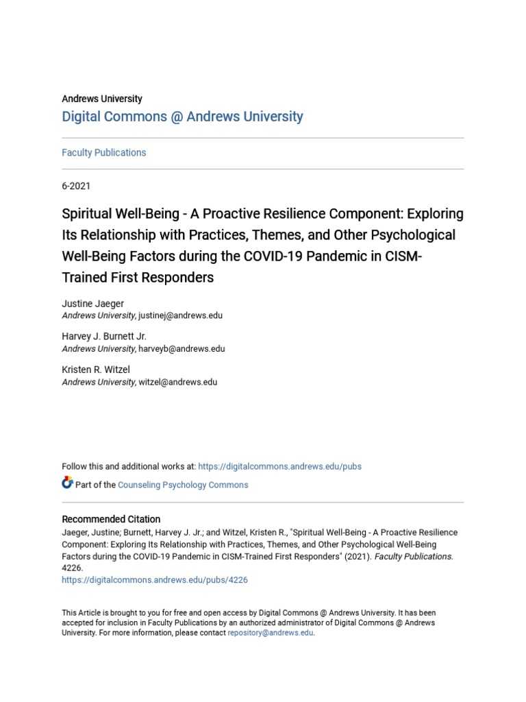 Spiritual Well-Being - A Proactive Resilience Component - Explorin ...