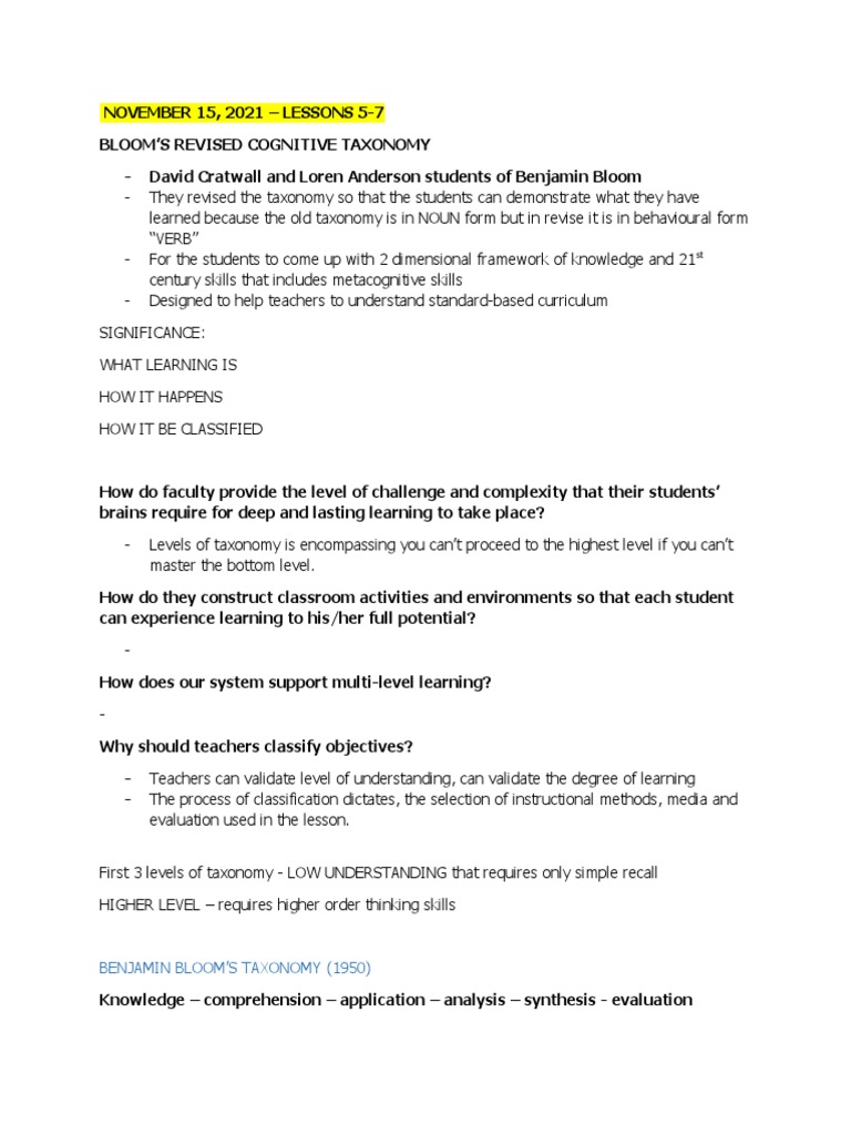Revised Blooms Taxonomy Nov. 15 | PDF | Learning | Teachers
