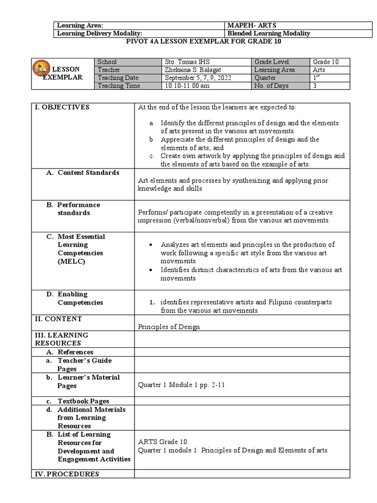 G10 Le Arts Q1 Week 1 | PDF | Learning | Design
