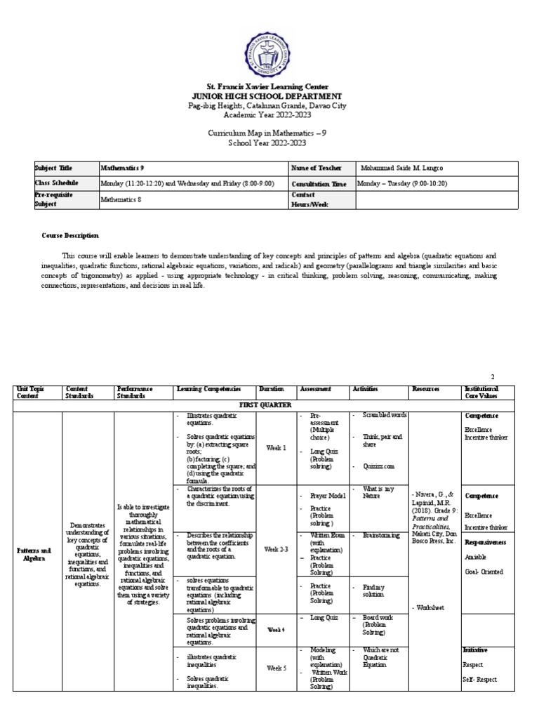 Mathematics 9 Curriculum Map | PDF | Trigonometric Functions | Quadratic Equation