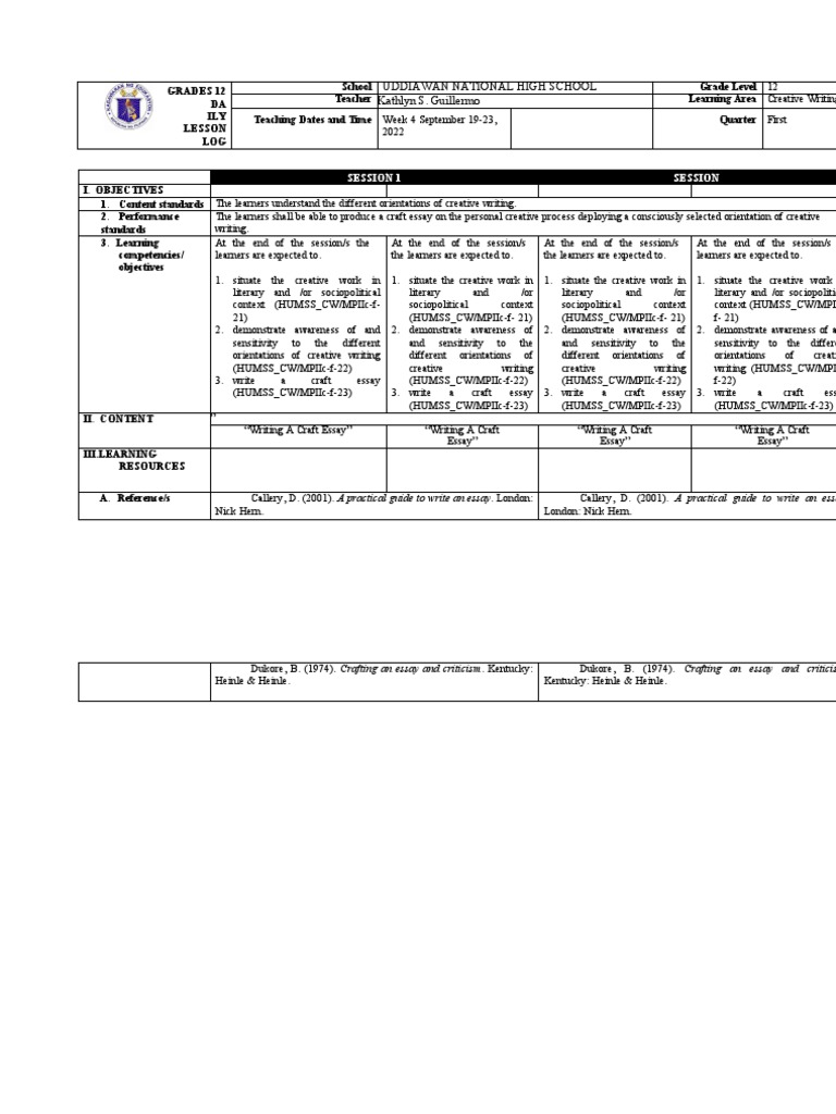 Week 4 DLL Creative Writing | PDF | Essays | Learning