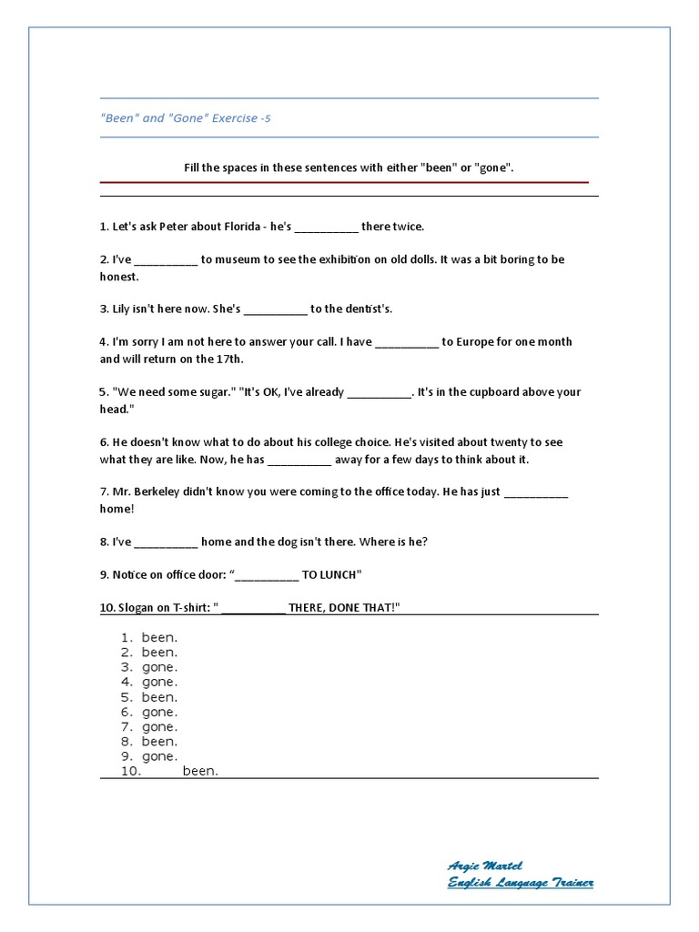5 PI - Been and Gone Worksheet | PDF