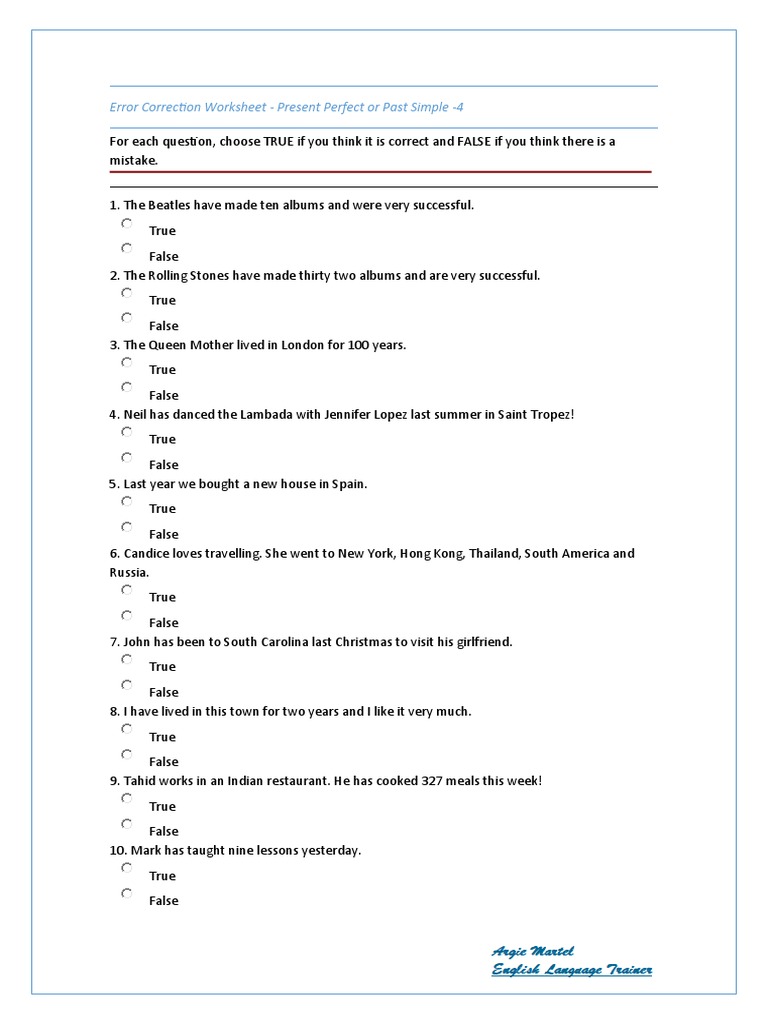 4 PI - Present Perfect Error Correction Worksheet 4 | PDF