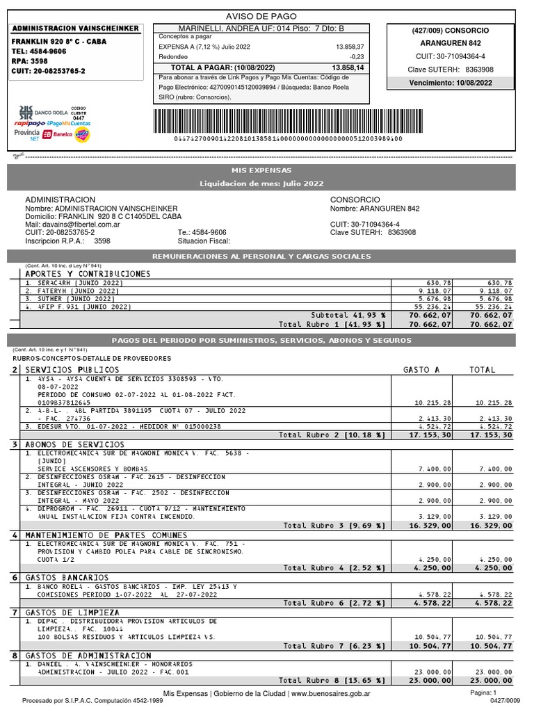 Mis Expensas Liquidacion de Mes: Julio 2022: Marinelli, Andrea Uf: 014 Piso: 7 Dto: B | PDF